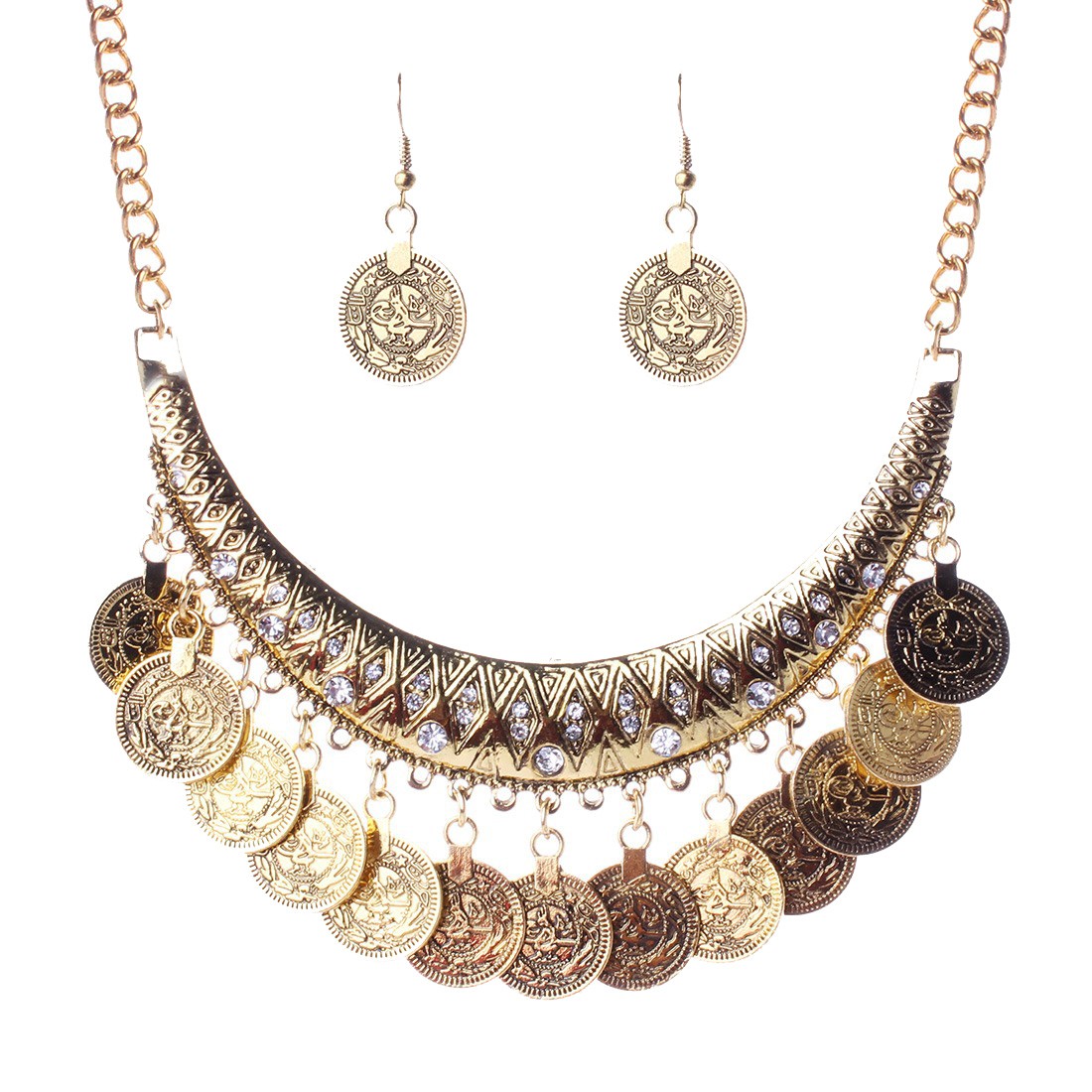 Tribal Jewelry Flat Round Dangle Coin Tassel Pendant Chain Necklace For