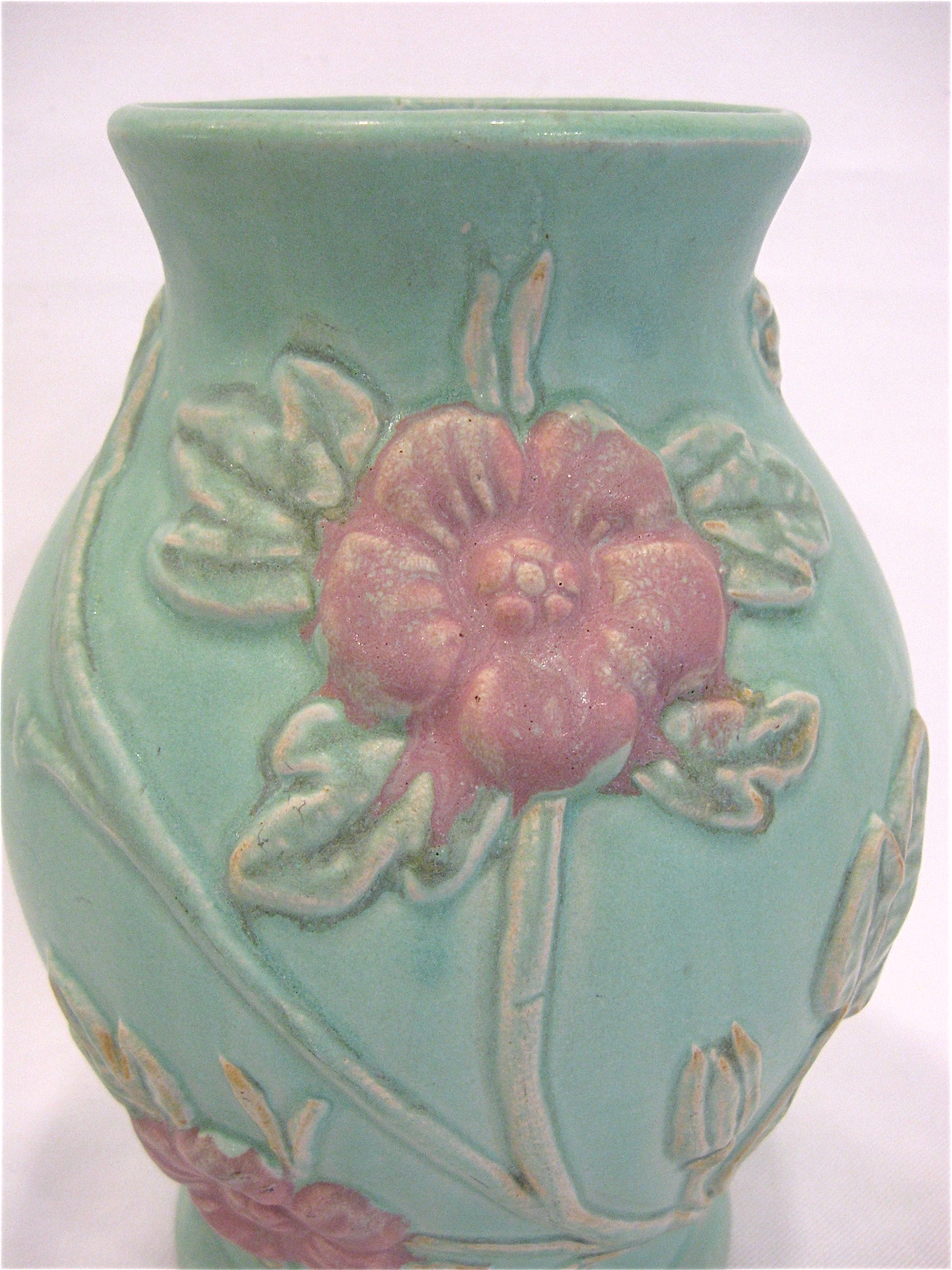 Matte Green Pottery Vase with Pink Flowers | Antiques Board