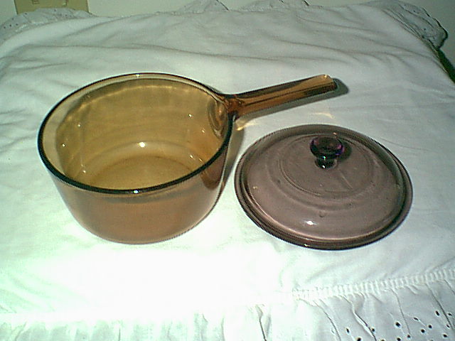 VISION WARE AMBER 1 1/2 QT POT WITH LID CORNING PYREX GLASS COOK WARE ...