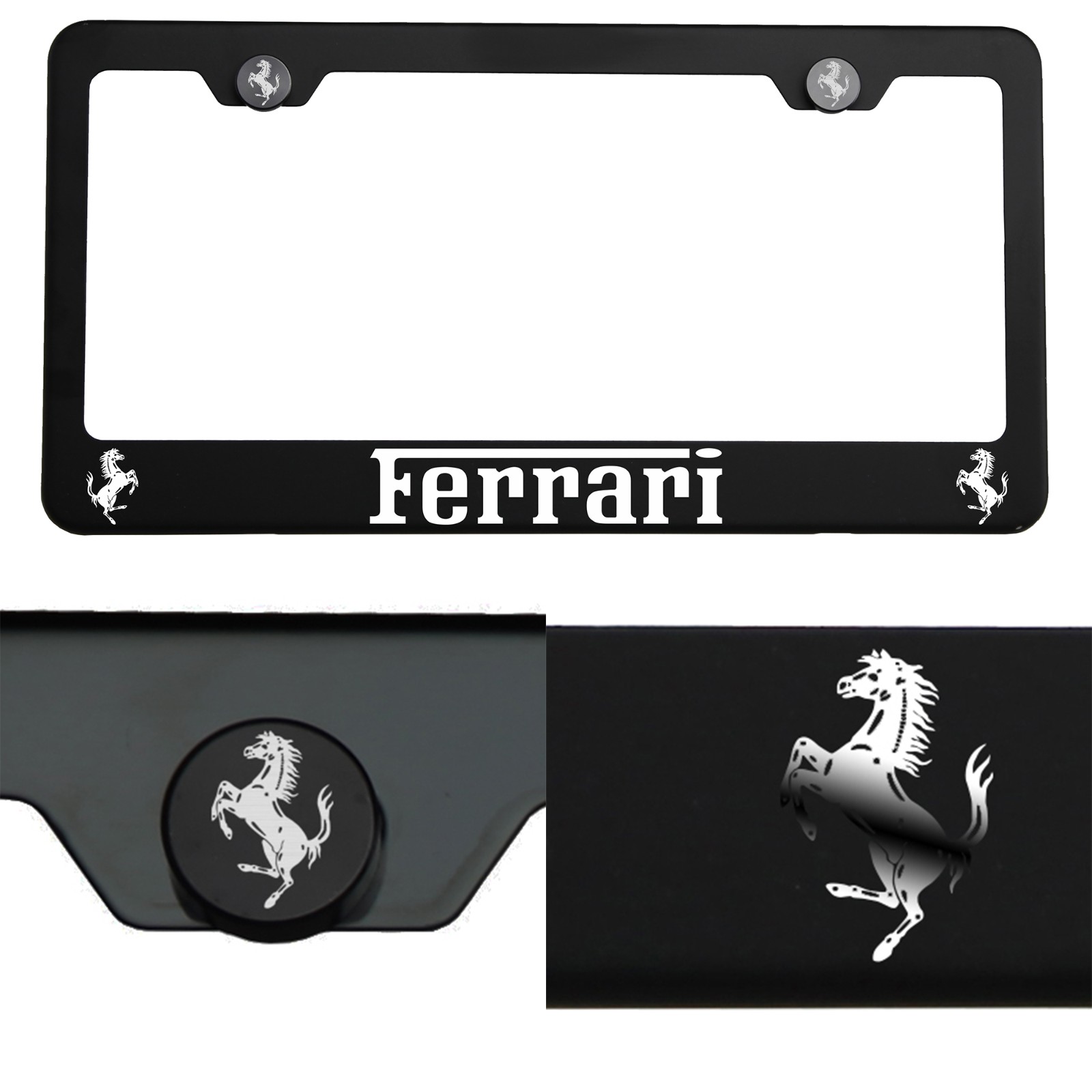 Laser Engraved Ferrari Mirror Matte Black License Plate Frame Stainless ...