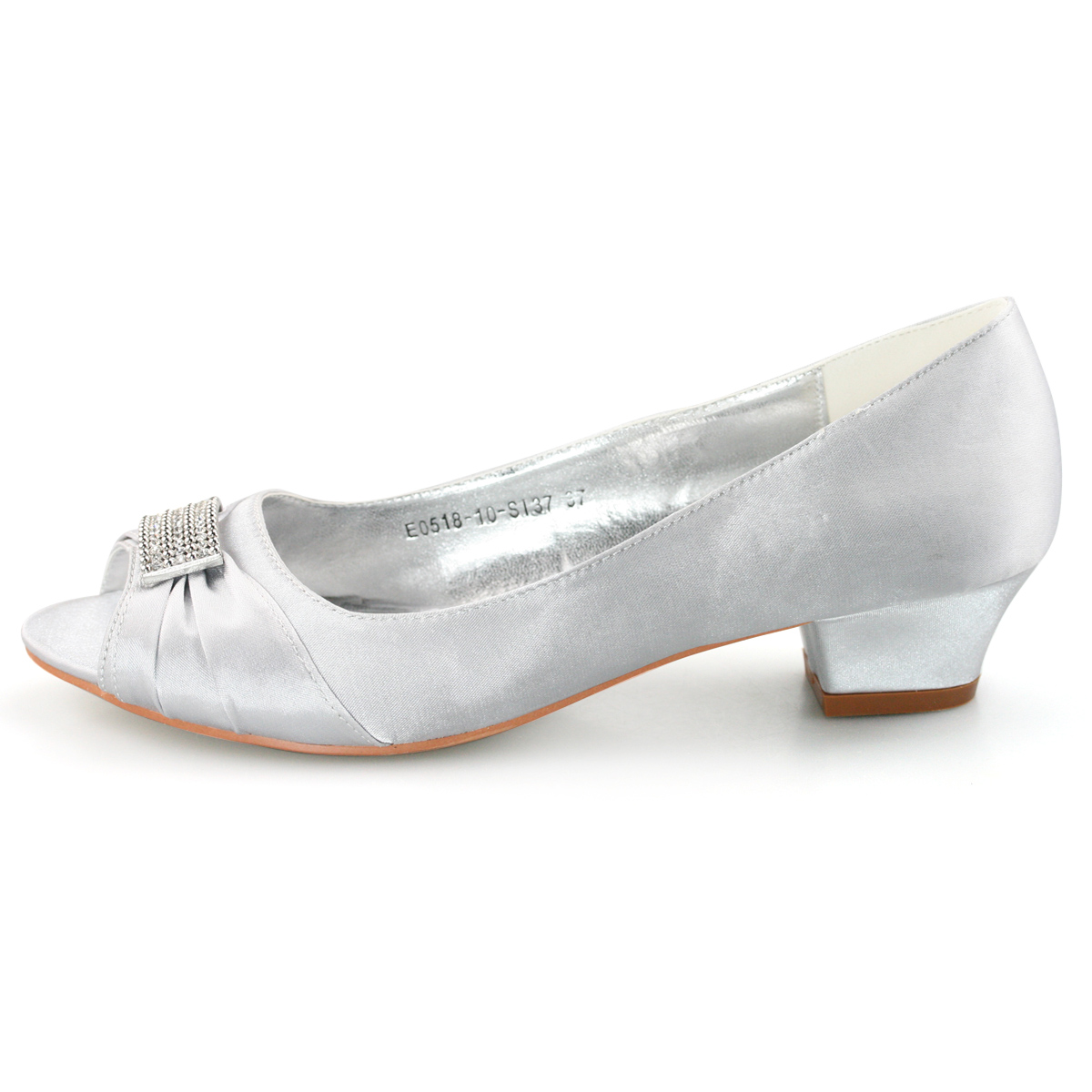 Ladies silver satin diamante peep toe low heels evening dress wedding ...