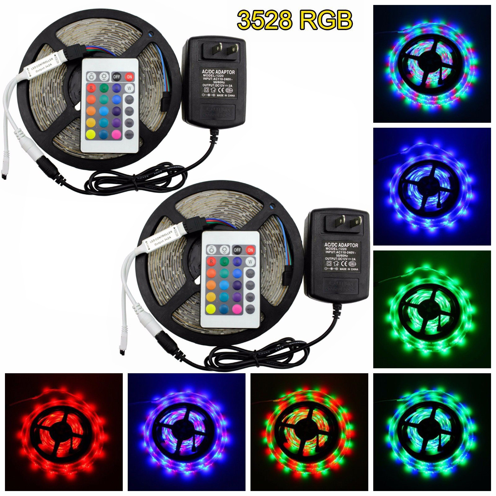 2X RGB Strip LED Light 5M 3528 Power Supply Adapter Mini 24Key Remote ...