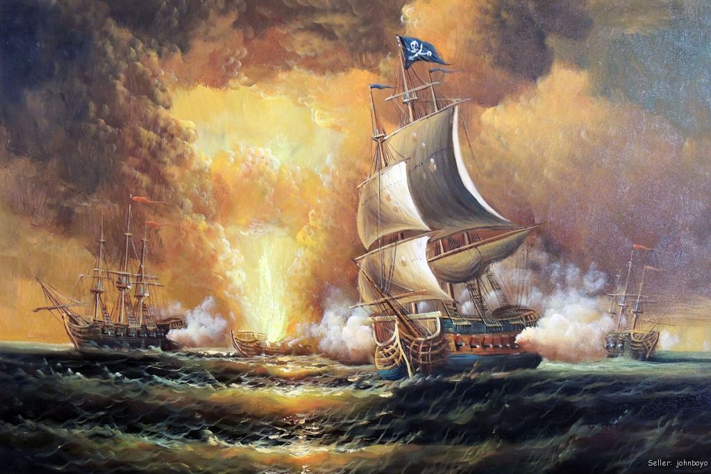 Pirate Ship Ocean Sea Cannon Explosion Battle 1800's Seascape 24X36 Oil ...