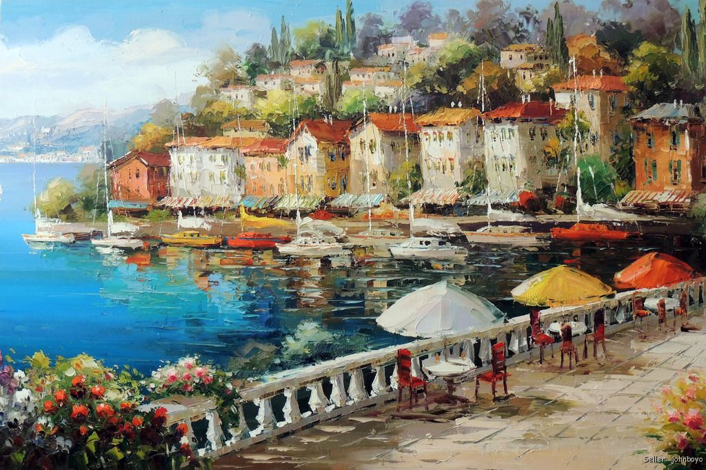 Italian Riviera Town Boats Blue Bay Sea Coast Stretched 24X36 Oil ...